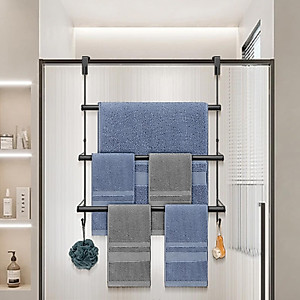 Livabber 3-Tier Over The Door Towel Rack, All Metal Towel Rack with Hooks for Door Hanging, Behind Door Towel Bar Towel Storage Holder for Bathroom Accessories, 19.37" L x 5.9" Wx 24.4" H(Black)