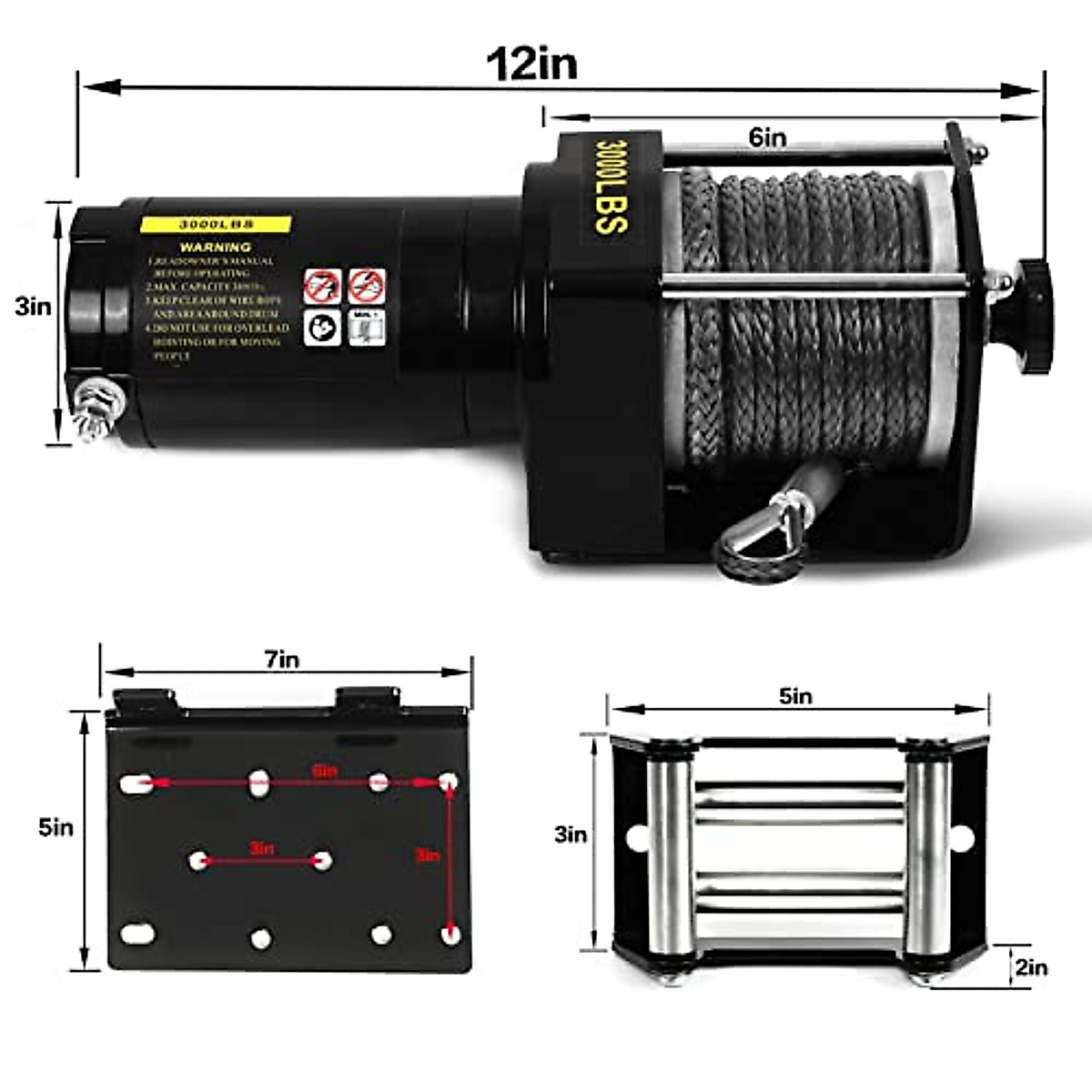 ATV Winch 3000LB, 12V DC Electric Winch with 50Ft Synthetic Rope, Wireless Remote Control, Roller Fairlead, Waterproof Winch Set for ATV UTV Towing Truck