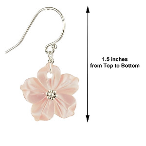 LTC Designs Pink Mother of Pearl Shell Flower Sterling Silver Dangle Earring with Fish Hook Ear Wires. Perfect for Momen and Teens