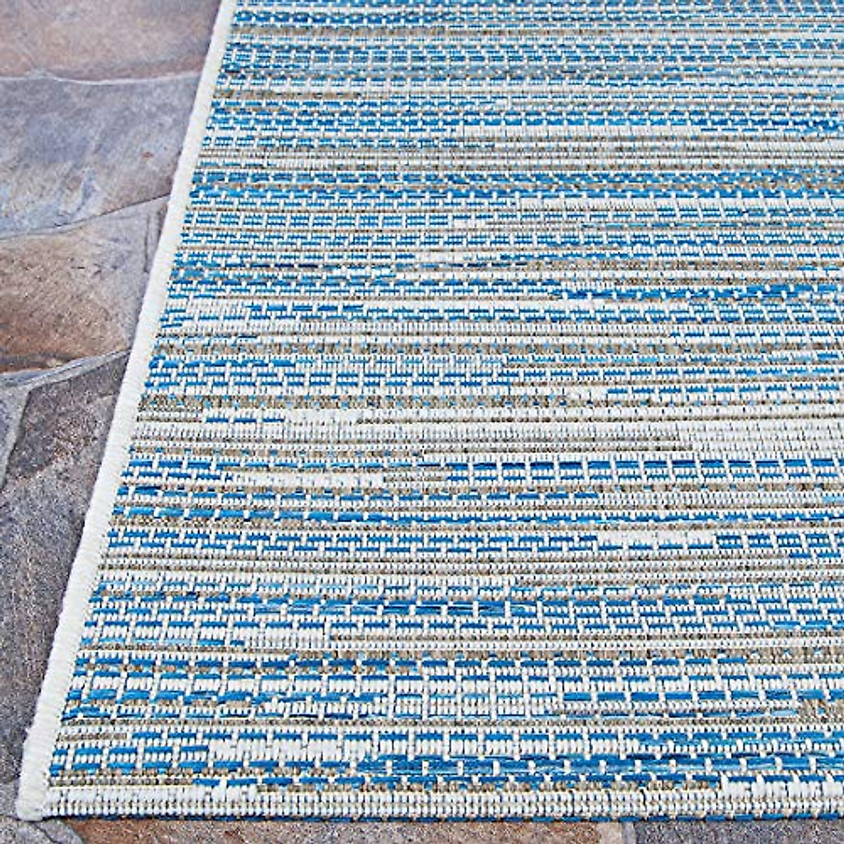 Couristan Monte Carlo Coastal Breeze Ocean Blue- Champagne Indoor/Outdoor Area Rug, 5'10" x 9'2"
