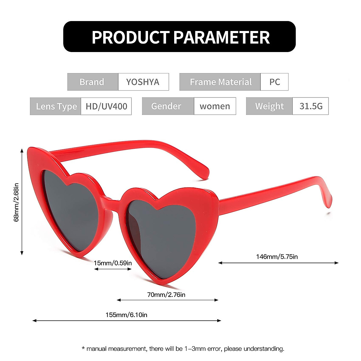 YOSHYA Clout Goggle Heart Sunglasses Vintage Cat Eye Mod Style Retro Kurt Cobain Glasses (Red Grey)