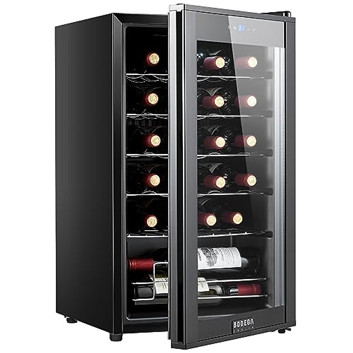 BODEGACOOLER 24 Bottle Compressor Wine Cooler, Freestanding Wine Cellar for Red, White or Champagne，Mini Fridge with 41-64.4°F Digital Temperature Control Glass Door