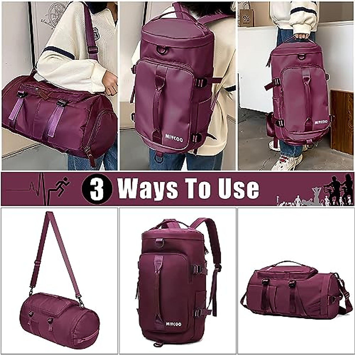Gym Bag for Women and Men Sports Duffle Bag Travel Backpack Weekender Overnight Bag with Shoes Compartment Purple - MIYCOO