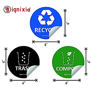IGNIXIA Trash Recycle Compost Stickers to Organize Trash- Premium Vinyl Sticker for Trash Can, Compost Bin, Recycle Bin- (Pack of 6) for Metal Trash Can or Plastic Trash Can-Home