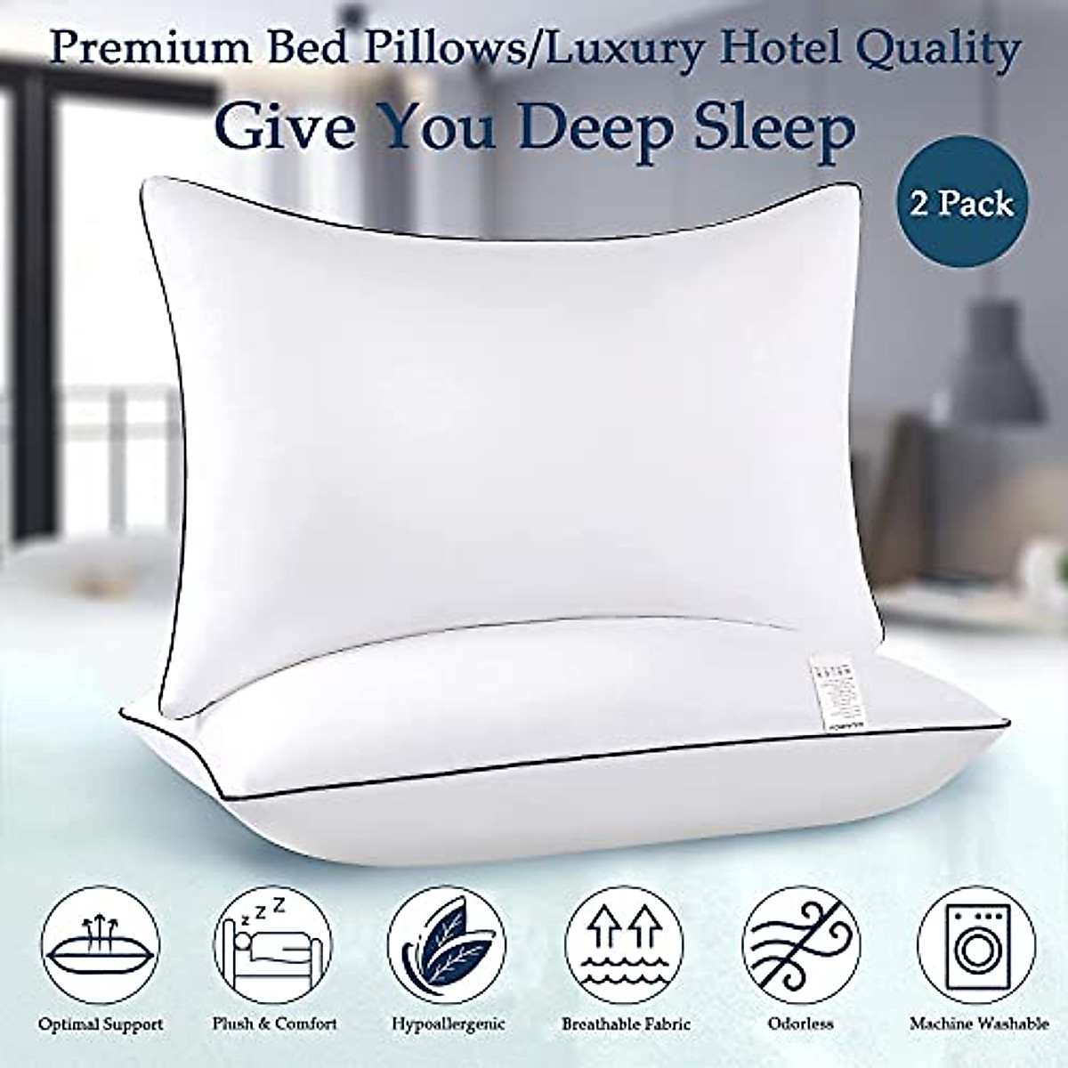 HOOMQING Bed Pillows 2 Pack - Standard Size Cooling Pillows for Sleeping Size Set of 2 for Side Back and Stomach Sleepers, Down Alternative Filling Luxury Pillows (White, Standard)