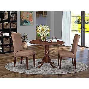 East West Furniture DLBA3-MAH-18 3 Piece Modern Dining Table Set Contains a Round Wooden Table with Dropleaf and 2 Brown Linen Linen Fabric Parsons Dining Chairs, 42x42 Inch, Mahogany