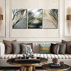 Sdmikeflax Botanical Wall art for Living Room Tropical Plant Wall Art Canvas Prints Set Bathroom Decor Wall Art, Contemporary Green Gold Wall Art for Bedroom, Modern Wall Pictures Office Wall Art