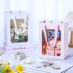 Zhehao 12 Pcs Christmas Paper Gift Bags with Transparent Window 7.09 x 5.12 x 9.84 Inch Gift Wrap Bags for Bouquets with Handle for Festivals Party, Weddings, white, Pink