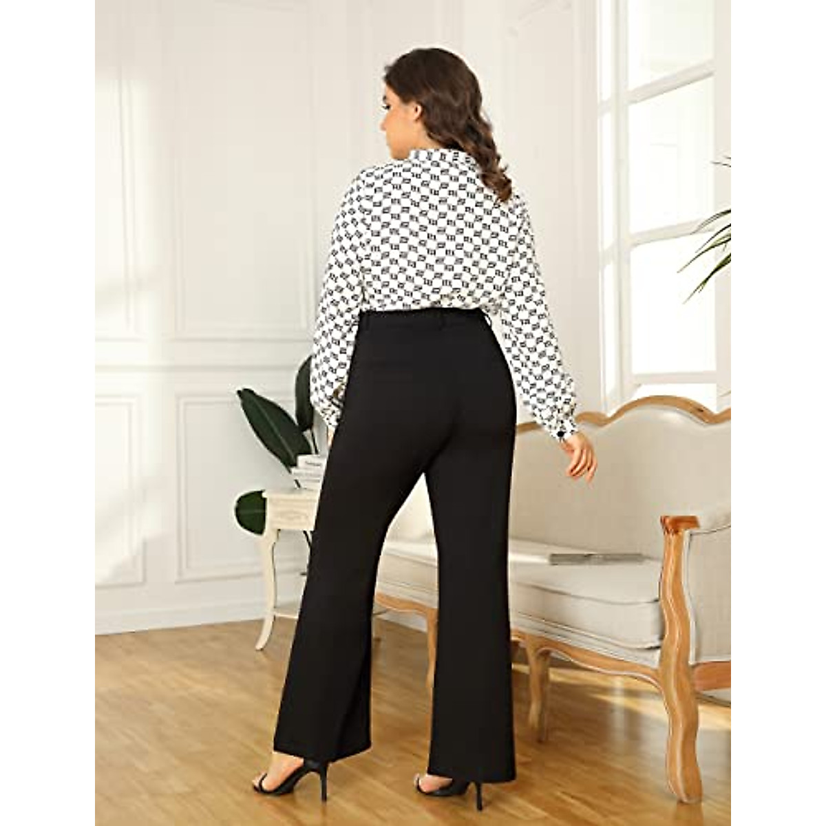 UUE Stretch Dress Pants Plus Size for Women 29"/32"/34" Pull On Bootcut Work Pants with Pockets Slacks Business Casual Pants Black