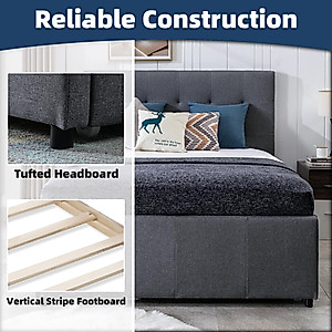 civama Full Size Bed with Trundle, Upholstered Full Over Twin Bed with Headboard & Wooden Slat Support, Pull Out Twin Platform Bed Underneath, No Box Spring Needed, Grey