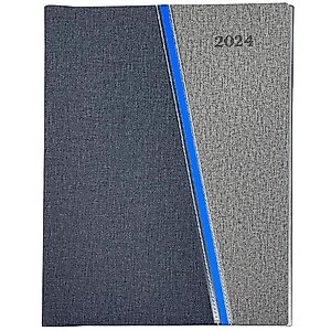 2024 Monthly Calendar Planner Organizer Date Log | 14 Month-at-a-Glance 10 X 7 Grey Sleek Denim Cover Blue Strip - Appointment Agenda Goals Accountability Meetings Book to Do List Time Management