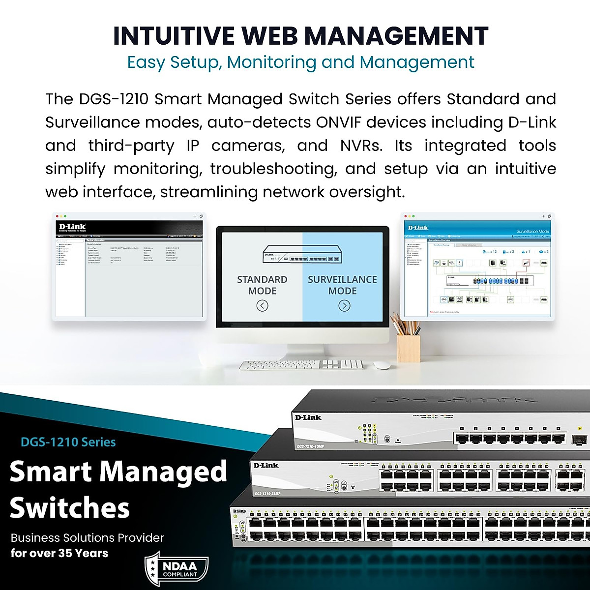 D-Link 28-Port Gigabit Smart Managed Switch | 24 GbE + 4 SFP Combo Ports | L2+ | VLANs | Cable Diagnostics | Web UI | Rackmount | Fanless | NDAA Compliant | Lifetime Warranty (DGS-1210-28)