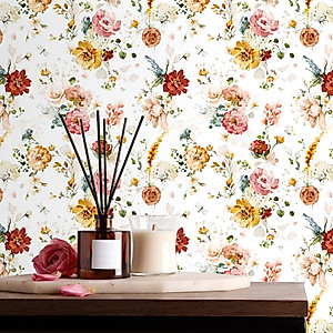 VEELIKE 17.7''x118'' Peel and Stick Wallpaper Vintage Pink/Red/Yellow Bouquet Floral Wallpaper Removable Self Adhesive Vinyl Decorative Contact Paper for Bedroom Bathroom Walls Cabinets