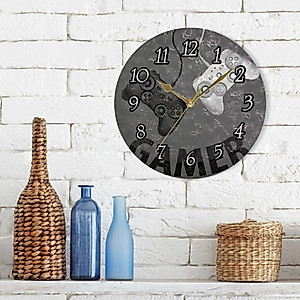 Two Realistic Game Joystick White and Black with a Text Gamer Wall Clock, Silent Non-Ticking Easy to Read Round Decorative Wall Clock with Gold Hands for Home Office School 9.5" in Diameter