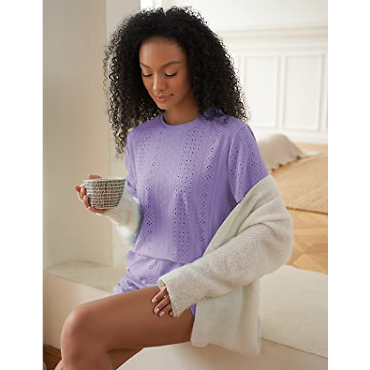 Ekouaer Women's Short Sleeve Pajama Sets Lounge Top and Shorts Hollow Out Pj Outfits Set for Summer (Purple, S)