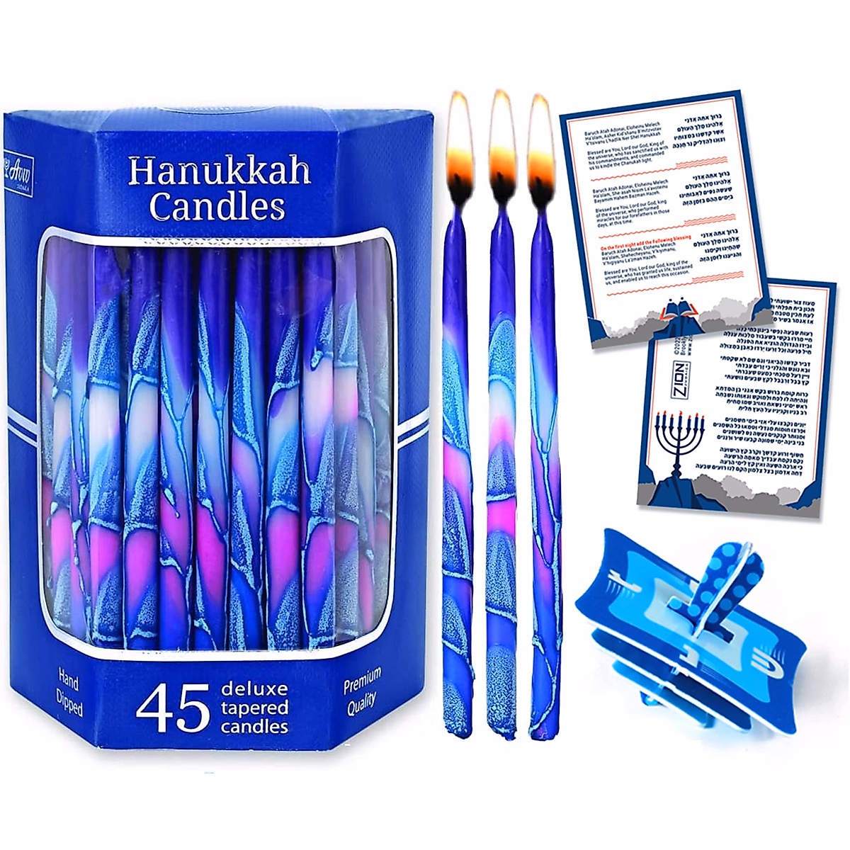 Premium Dripless Hanukkah Candles Thin Tapered Chanukah Candle Set of 45 Enough for Eight Nights of Hanukah Multi Hued Frosted Includes a DIY Dreidel and Prayer Card by Aviv Judaica