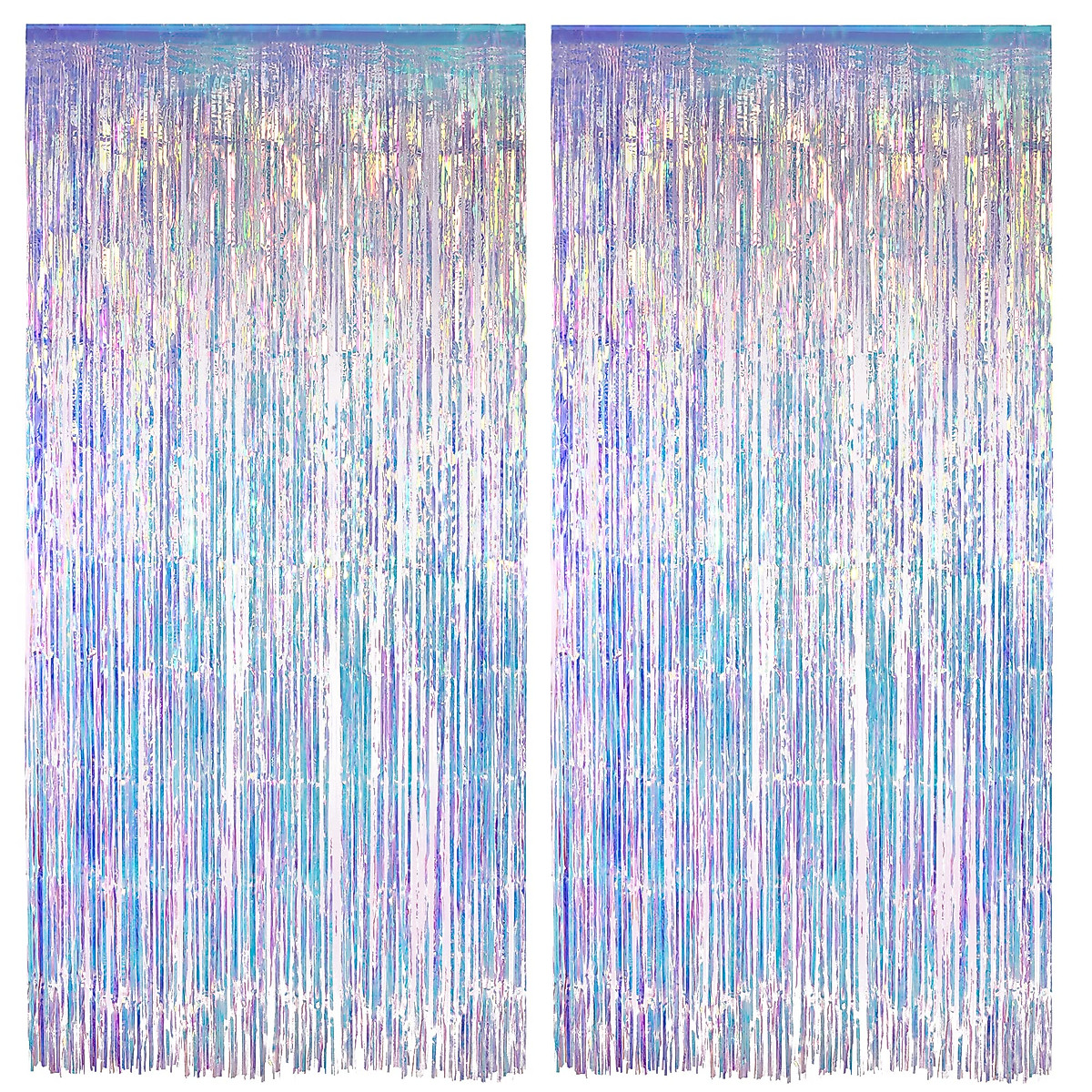 Iridescent Party Streamers Backdrop - GREATRIL Neon Transparent Holographic Tinsel Foil Fringe Curtain for Mermaid/Frozen/Sea/Euphoria/ERAS Party Theme Decorations 2 PCS