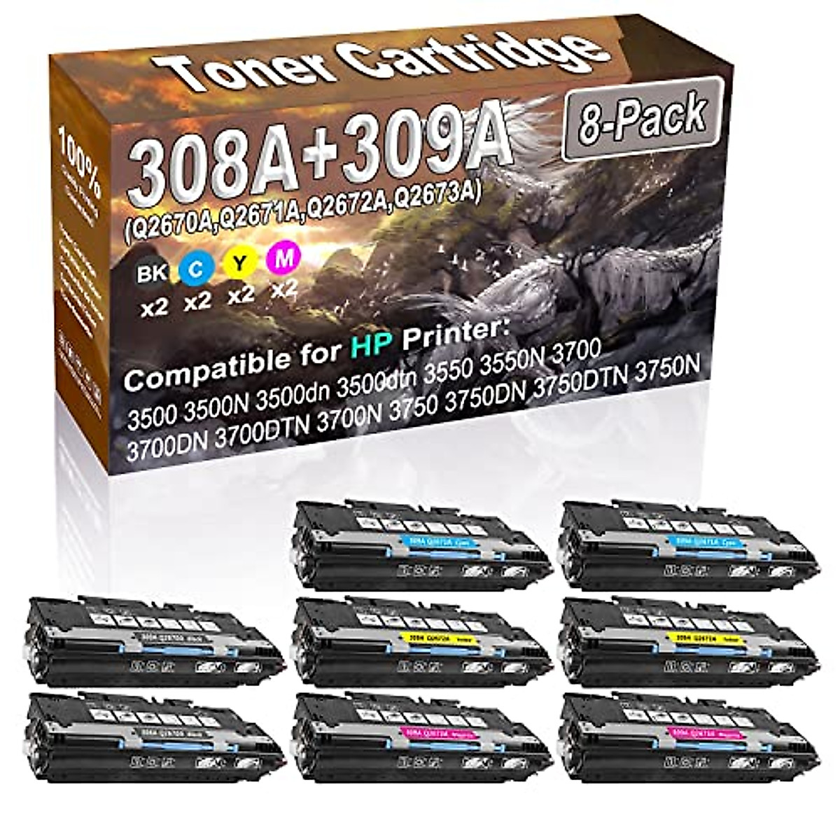 8-Pack (2BK/2C/2Y/2M) Compatible 3500 3500N 3500dn 3500dtn 3550 Color Toner Cartridge (High Capacity) Replacement for HP 308A 309A (Q2670A Q2671A Q2672A Q2673A) Printer Toner Cartridge