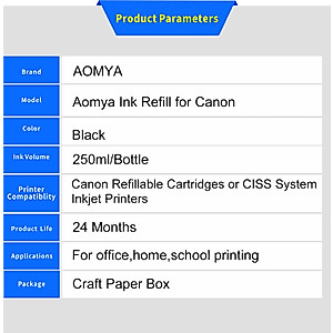 Aomya Compatible Canon Black Ink Refill Kit 250ml Dye Bulk Ink for Canon Inkjet Printers Refillable Cartridge CISS CIS System (9 oz) with Syringe&Glove