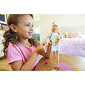 Barbie Spa Doll Toy Set with Puppy & 9 Accessories Including Neck Pillow, Rubber Duck & Cucumber Eye Masks, Blonde Doll