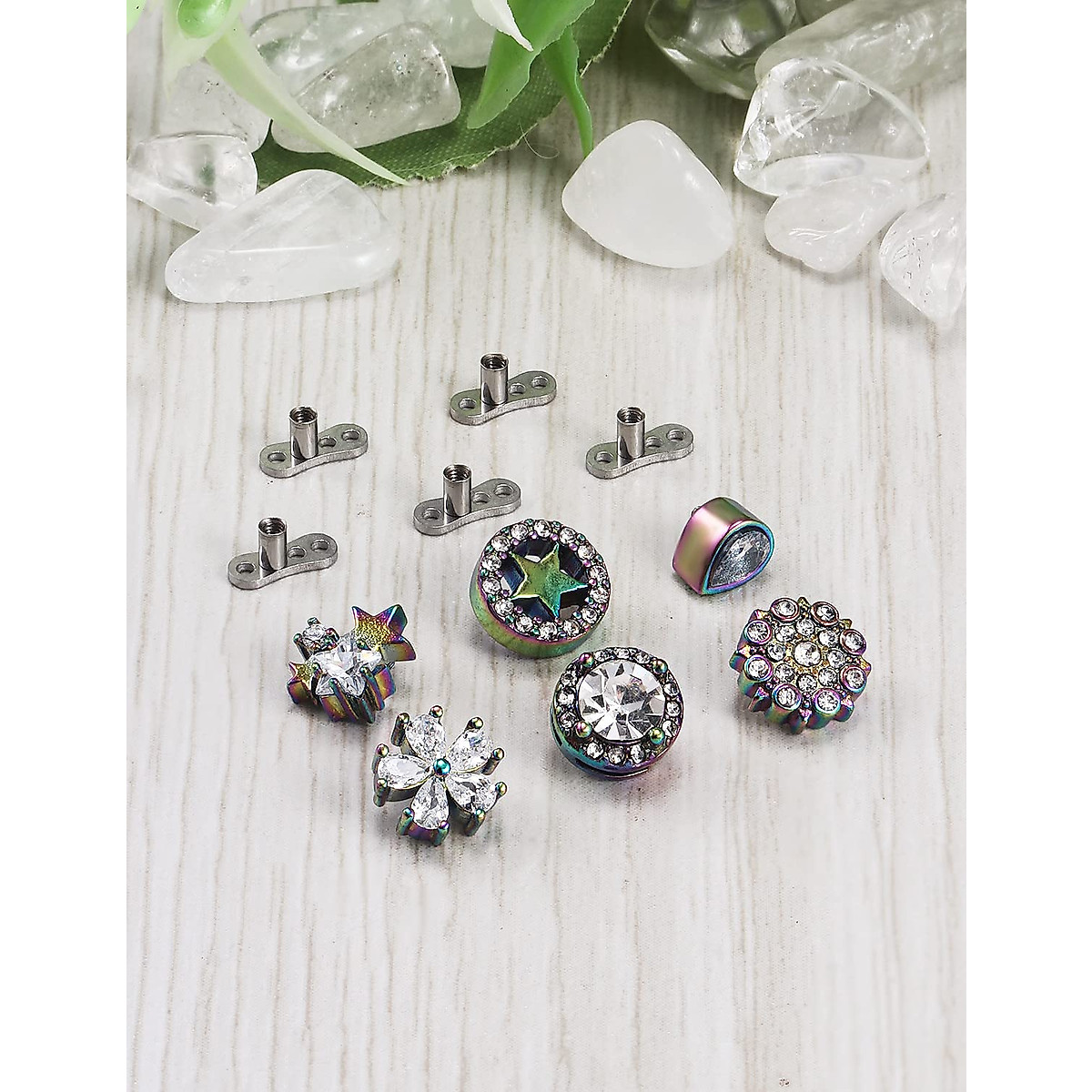 Ocptiy Dermal Piercing Jewelry Top Base Kit 14G G23 Titanium Dermal Anchor Internally Threaded Coloful Rainbow Diamond Dermal Replacement Stud Piercing Ball Jewelry Women Men