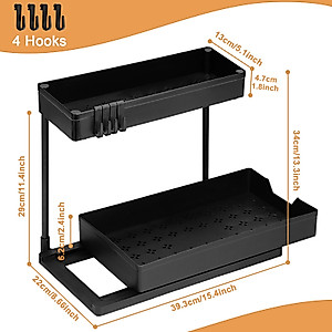 Bellzacasa Under Sink Organizers and Storage, 2 Tier Sliding L-shape Bathroom Cabinet Organizer, Multi-purpose Under Sink Organizer Shelf with 4 Hooks for Kitchen Bathroom Cabinet(Black, 1Pack)