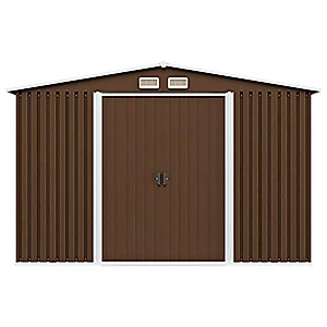 Festnight Garden Storage Shed with 4 Vents Metal Steel Double Sliding Doors Outdoor Tood Shed Patio Lawn Care Equipment Pool Supplies Organizer Brown 101.2 x 80.7 x 70.1 Inches (W x D x H)