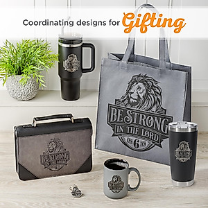 Christian Art Gifts Large Travel Tumbler for Men & Women Stainless Steel Vacuum Insulated Inspirational Scripture: Be Strong Engraved Lion, Retractable Lid, Black, 18 oz.