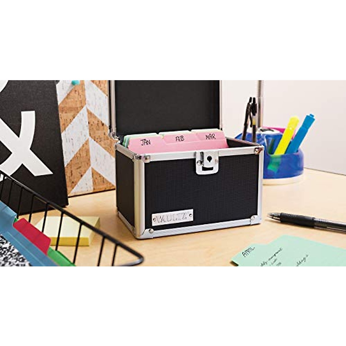 Vaultz Lockable Index Card Holder - Flash Card Organizer for Recipes, Passwords or Studying Holds 450 4x6 Notecards - Index Card Box Study Accessories, Black