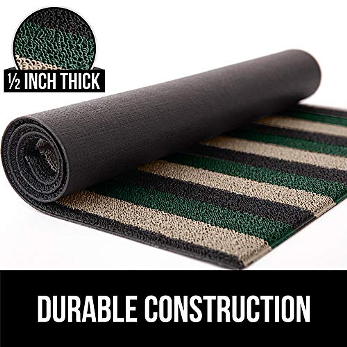 GORILLA GRIP Heavy Duty Striped Doormat, 72x24, Thick Bristles, Crush Proof Texture, Catch Dirt from Shoes, Strong Backing, Easy to Clean, Indoor Outdoor Entrance Mat, Runner, Hunter Green Black Beige