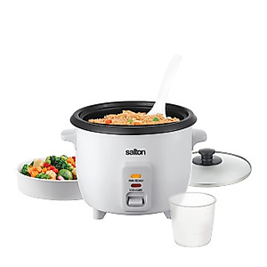 Salton 6 Cup Automatic Rice Cooker with Bonus Food Steaming Basket, Measuring Cup & Spatula, Removable Non-Stick Cooking Bowl for Quinoa, Oatmeal and More, White (RC2104WH)