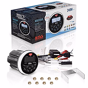 BOSS Audio Systems MGR350B Marine Gauge Receiver - Bluetooth, Digital Media MP3 Player + MR4.3W 200-Watt 3 Way Marine 4-Inch Enclosed System Speakers.