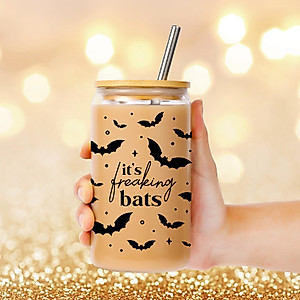 Lovearth Halloween Bats Cup, Gothic Bat Iced Coffee Cup, 16oz Halloween Glass Cup with Lid and Straw, Spooky Gifts, Cute Halloween Gifts for Women, Men, Bat Lovers, Gifts for Halloween Lovers