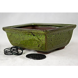 Rectangular Shohin Bonsai Pot, Cactus & Succulent Planter 6"x 4.5"x 2.25" w/Mesh & Wire - Moss Green