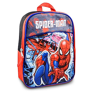 Marvel Spiderman Mini Backpack For Boys, Kids ~ 4 Pc Bundle With 11" Spiderman School Bag For Kids, Water Pouch, Stickers, And More | Spiderman Preschool Supplies
