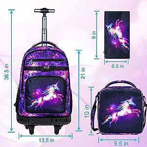KLFVB Rolling Backpack for Women,3PCS Adult Wheeled Bag with Lunch Bag for Girls,Waterproof Roller Wheels Bookbag - Unicorn