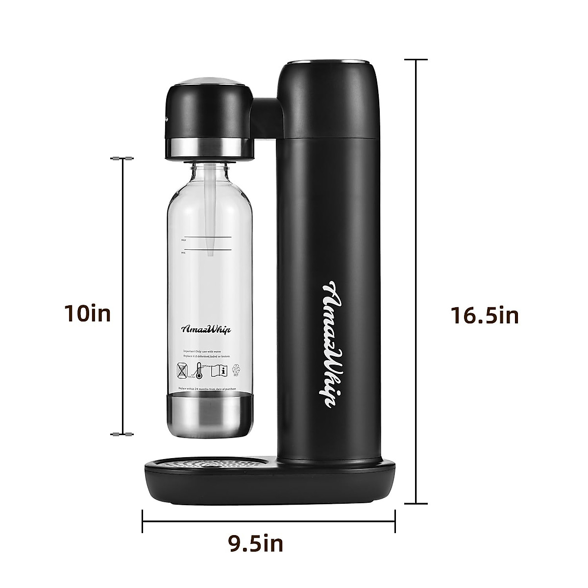 AmazWhip sparkling water maker, paired with CO2 gas canisters and 1L water bottles for Household soda water (Black+ 2 caniters)