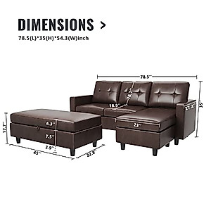 HONBAY Faux Leather Sectional Couch with Ottoman Sectional Sofa Set with Reversible Chaise L Shape Couch with Storage Ottoman (Brown)