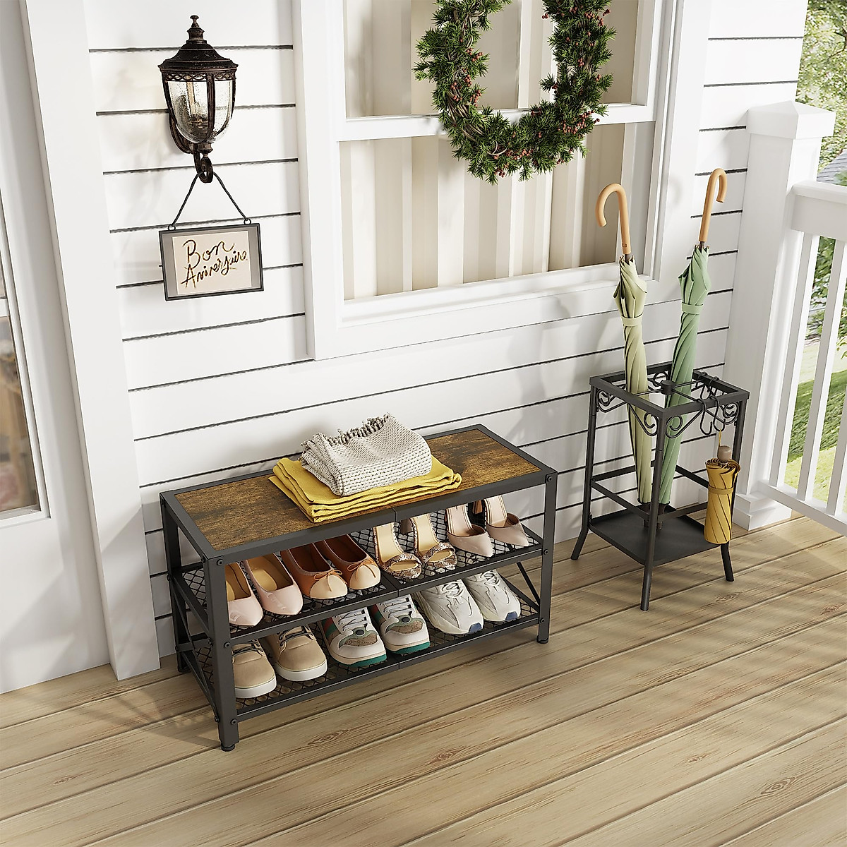 Hoctieon Shoe Rack, 3-Tier Shoe Organizer, 28in Small Wooden Shoe Bench for Front Door, Shoe Storage with Mesh Shelves for Entryway Living Room Hallway Closet, Rustic Brown (3-Tier)