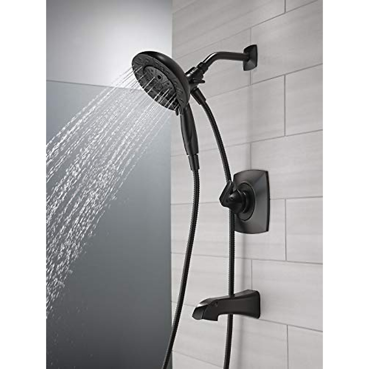 Delta Faucet Vesna 14 Series Single-Handle Shower Trim Kit with 5-Spray H2Okinetic In2ition Dual Hand Held Shower Head with Hose, Matte Black 144789-BL-I (Valve Included)