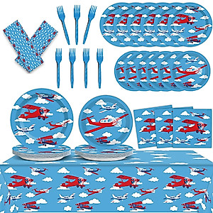 98 pieces Airplane Birthday Party Decorations Supplies Airplane Party Plates and Napkins Plane Theme Paper Tableware Set Tablecloth Baby Shower for 24 Guests 1st Birthday Helicopter Favors for Kids