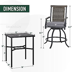 PHI VILLA 5 PCS Outdoor Rattan Swivel Bar Set, Bar Height Chair with 3.5" Thicker Cushion & Retro-Metal Square Table,Sturdy and Durable Bar Set for Poolside,Yard