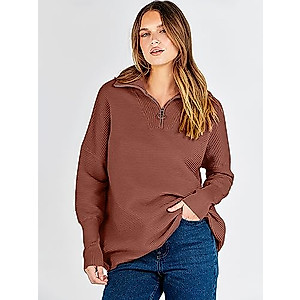 ANRABESS Oversized Sweater for Women Quarter Zip Pullover Casual Long Sleeve Half Zip Collared Lapel V Neck Baggy Slouchy Knitted Tunic Jumper Clothes 2023 Fall 802xiuhong-M Rust
