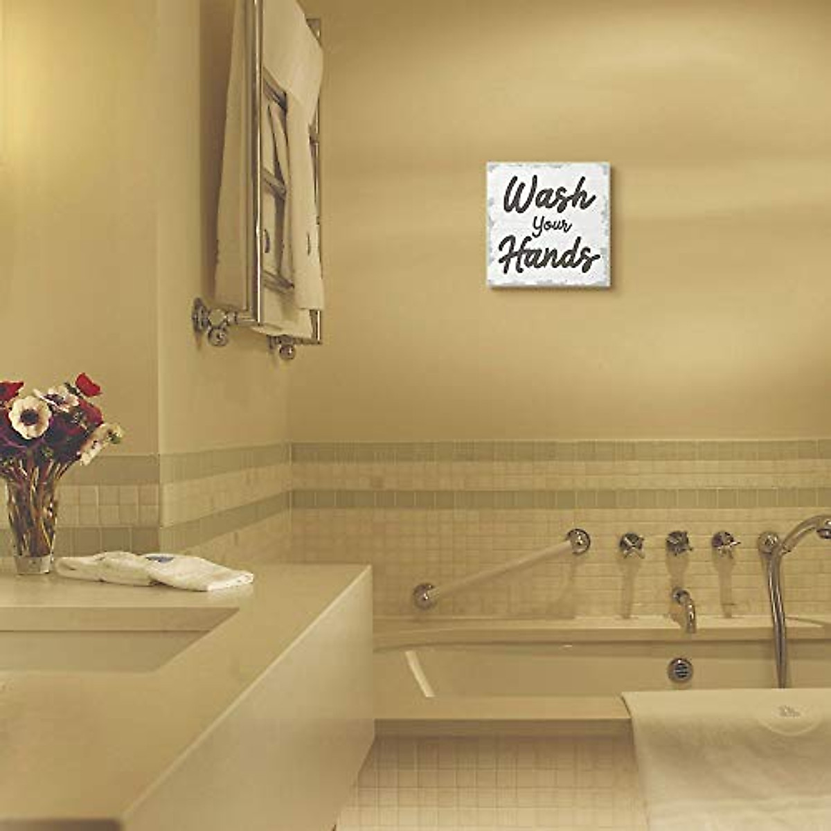 Stupell Industries Wash Your Hands Bathroom Neutral Grey Word, Design by Artist Daphne Polselli Wall Art, 12 x 12, Wood Plaque