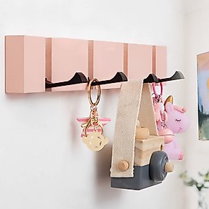 KYSMOTIC Pink Coat Hooks Wall Mounted for Girls, Modern Pink Coat Rack with Folding Hooks, Beautiful Pink Hooks for Girl Bedroom – Pink 4 Hooks