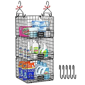 3 Tier Hanging Laundry Room Organizer Stackable Foldable Wall-Mounted Metal Wire Shelf Basket with Rotating Hook Nameplate for Dryer Sheet Laundry Detergent in Laundry Room Organizaton Storage