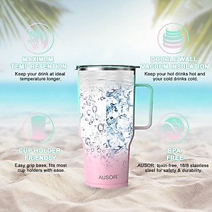 AUSOR 30 oz Tumbler with Lid and Straw,Water Bottle with Handle,Insulated Stainless Steel Tumbler for Hot & Cold, Coffee Travel Mug Cups Reusable,Blue to Pink