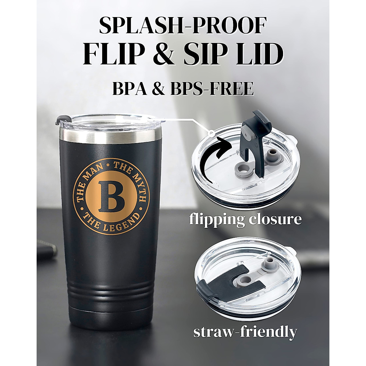 the Man the Myth the Legend Mug with Initials, Monogrammed Stainless Steel Travel Tumbler for Men, Funny Personalized Coffee Cup, Custom Beer Glass, Unique Birthday Christmas Gifts for Him, 20 oz, J