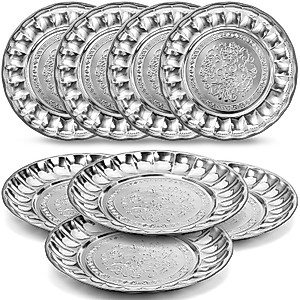 DEAYOU 8 Pack Stainless Steel Round Plates, 12" Large Dinner Plate for Eating, Kids, Stainless Steel Charger Plate, Vintage Feeding Serving Camping Plate Dish for Fruit, BBQ, Flower Pattern