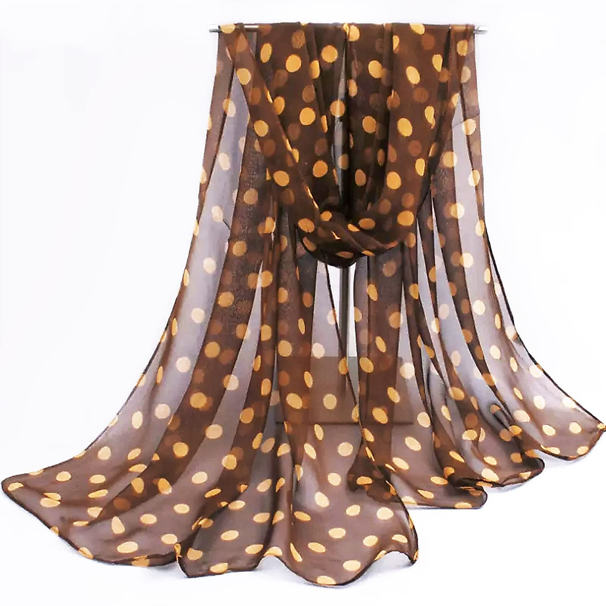 E-Clover 1950s Chiffon Scarf Long Polka Dot Scarfs Vintage 50s Sheer Neck Head Scarves Shawl for Women 80s Costumes Outfit Brown